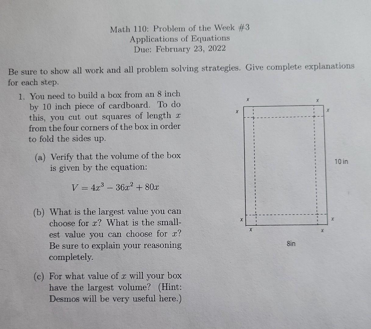Solved Math 110: Problem of the Week #3 Applications of | Chegg.com