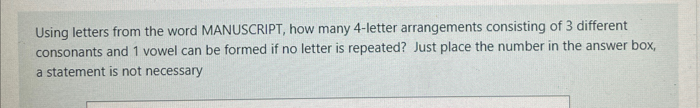 Solved Using letters from the word MANUSCRIPT, how many | Chegg.com