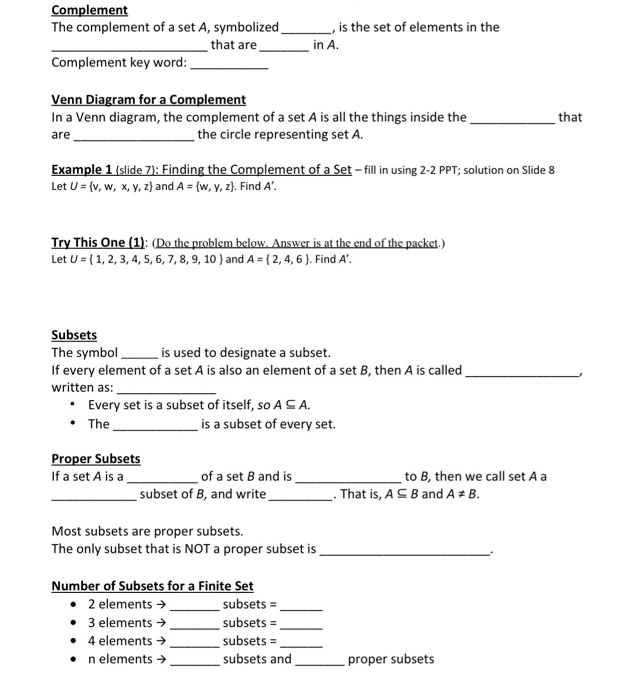 Solved Complement The complement of a set A, symbolized that | Chegg.com