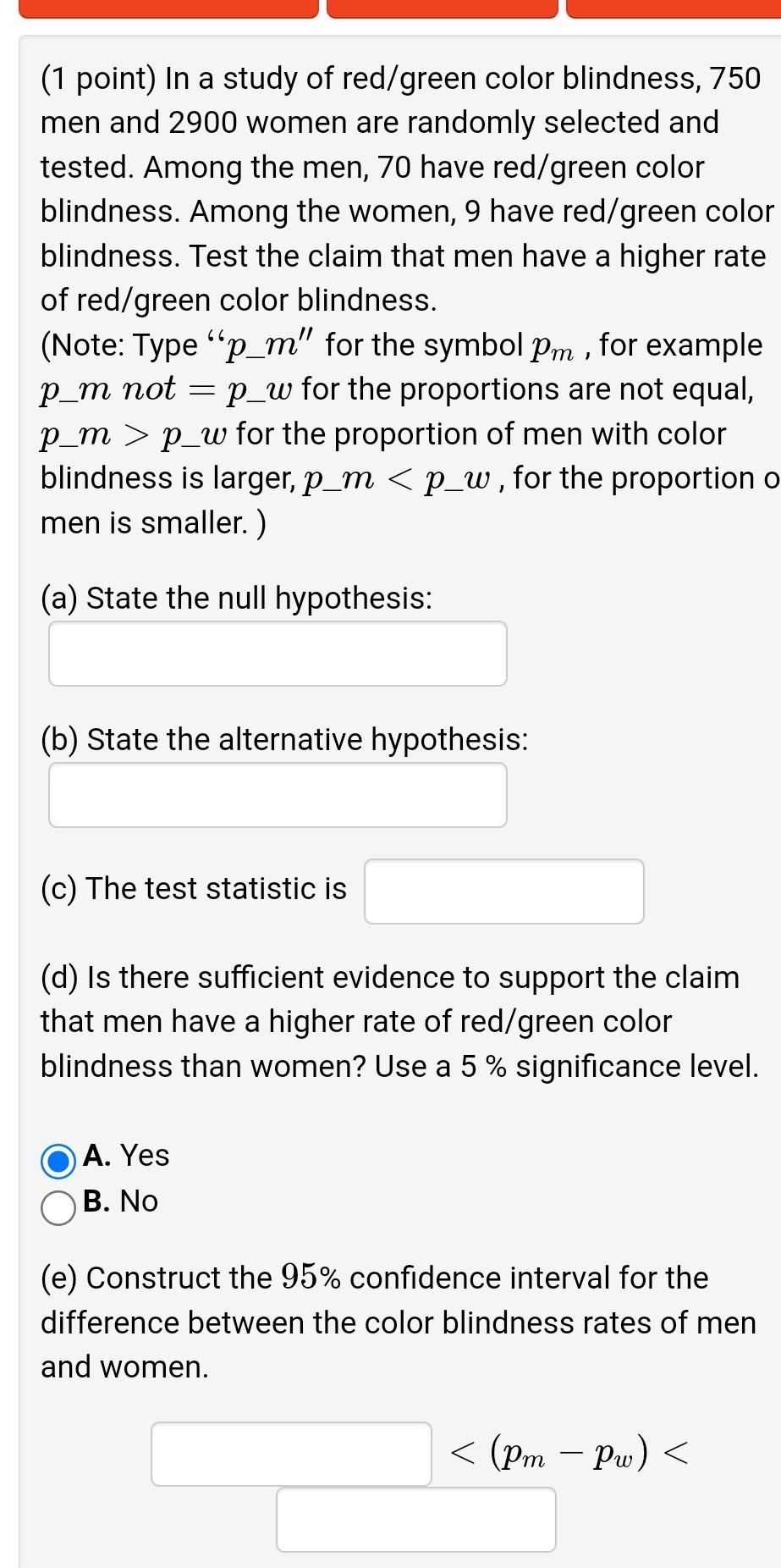 Solved (1 point) In a study of red/green color blindness, | Chegg.com