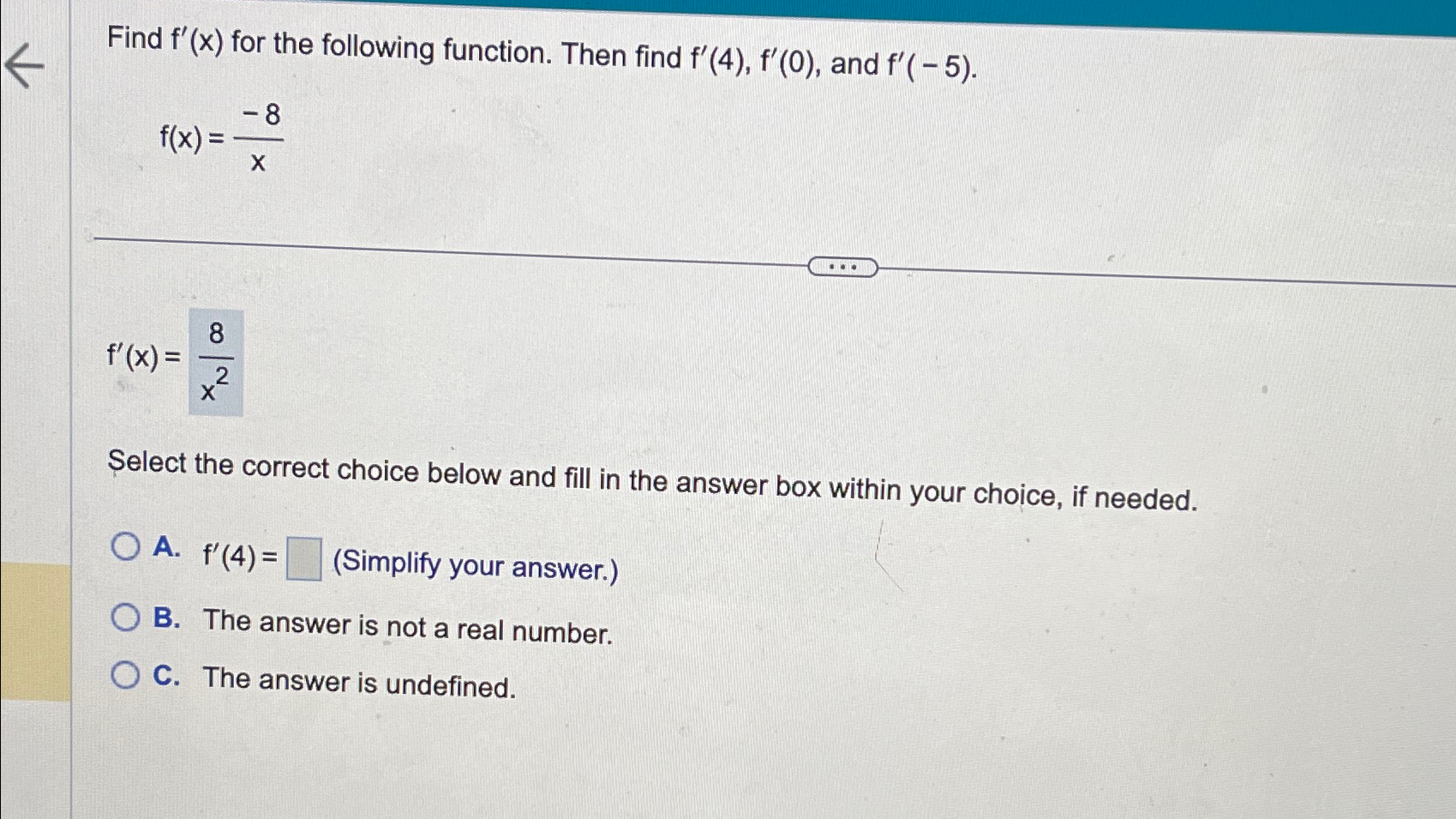 Solved Find f'(x) ﻿for the following function. Then find | Chegg.com
