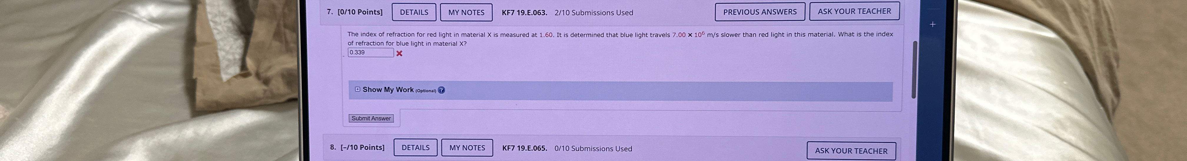 Solved The index of refraction for red light in material x | Chegg.com