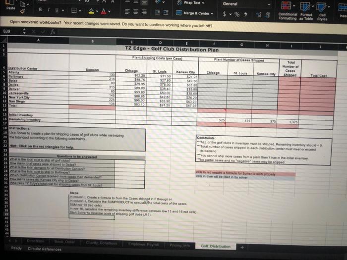 C Н. TZ Edge - Golf Club Distribution Plan Plasting | Chegg.com