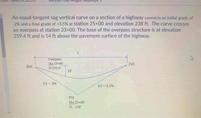 Solved An equal-tangent sag vertical curve on a section of a | Chegg.com