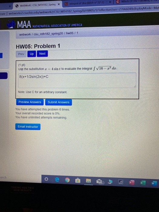 Solved WeWork: CSU MTH182 Spring Integral of Virac 6x*)^2) * | Chegg.com Solved WeWork: CSU MTH182 Spring Integral of Virac 6x*)^2) * | Chegg.com