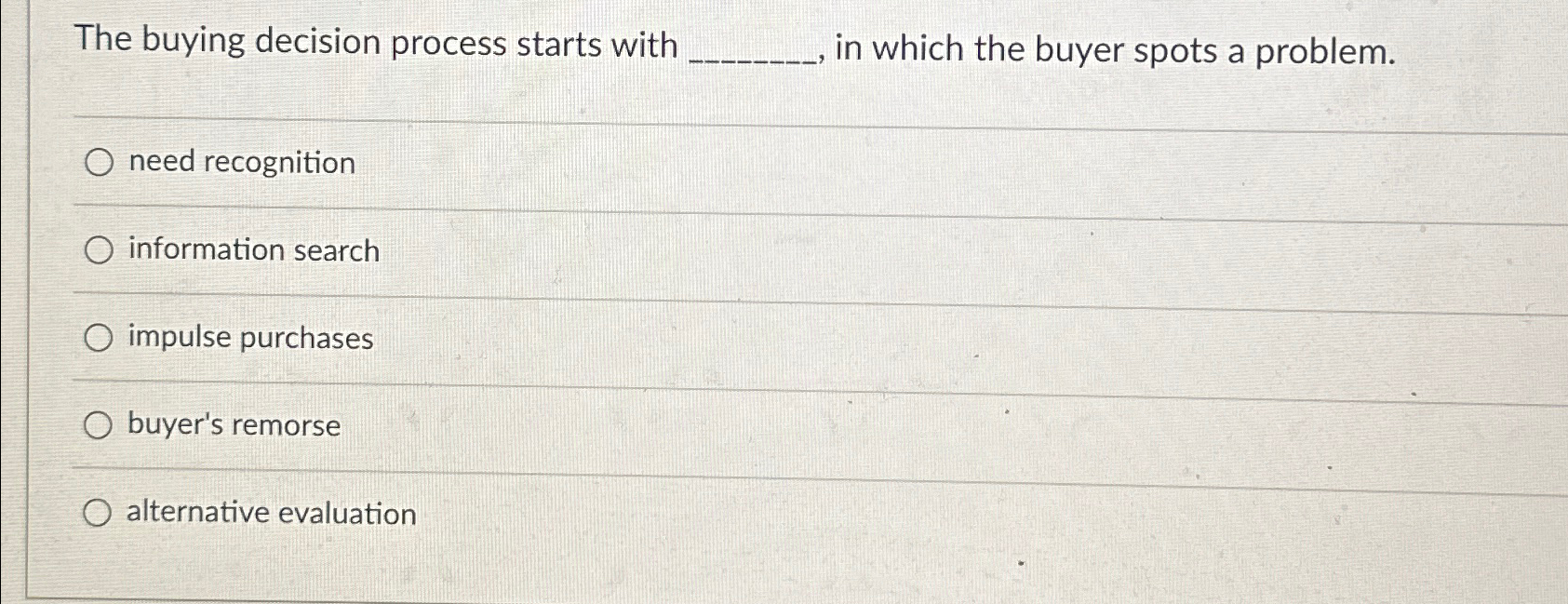 Solved The buying decision process starts with in which the | Chegg.com