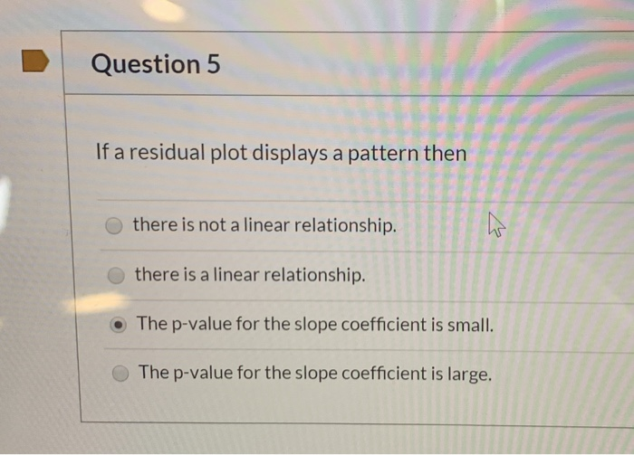 Solved Question 5 If a residual plot displays a pattern then | Chegg.com
