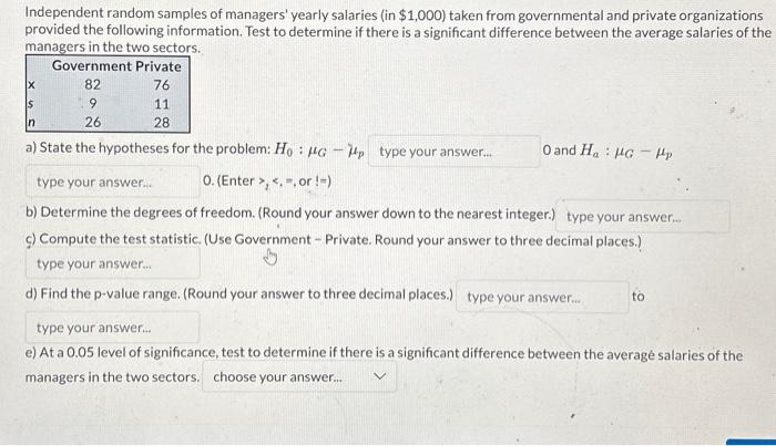 Solved Independent random samples of managers' yearly | Chegg.com