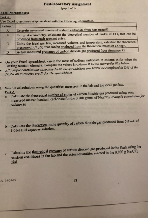 Solved Post-laboratory Assignment (page 1 of 5) Excel | Chegg.com