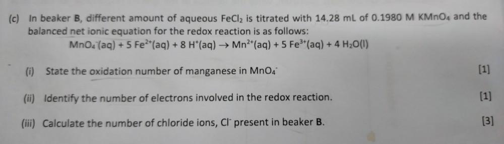 Solved (c) In beaker B, different amount of aqueous FeCl2 is | Chegg.com
