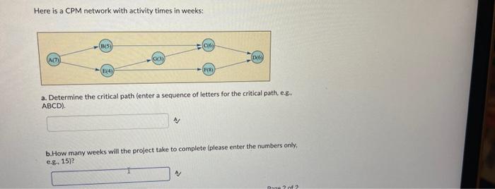 [Solved]: Here is a CPM network with activity times in week