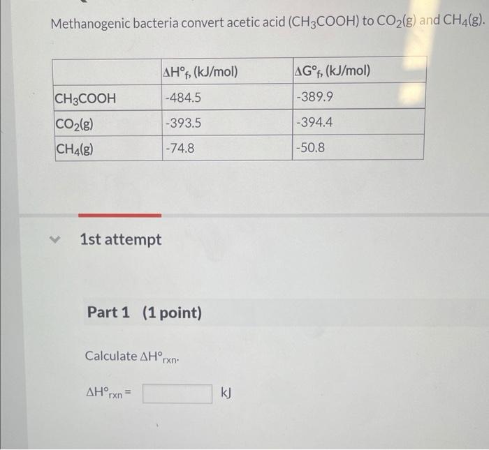 Solved Methanogenic bacteria convert acetic acid (CH3COOH) | Chegg.com