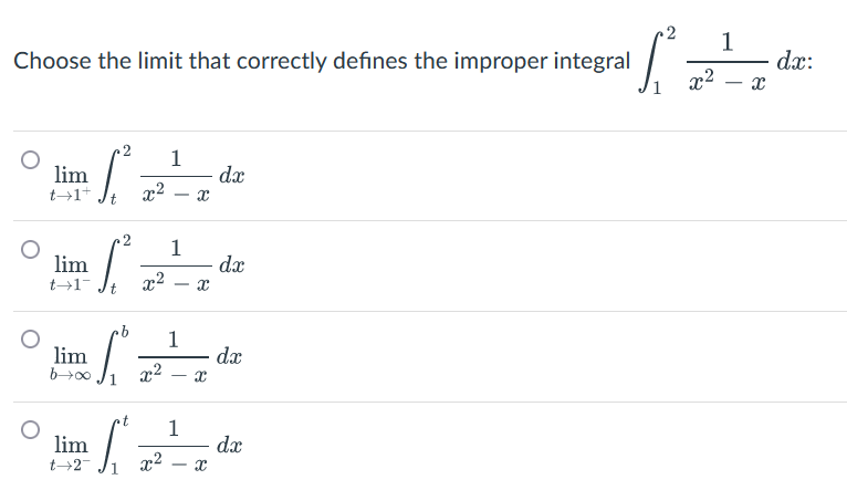 Solved Choose the limit that correctly defines the improper | Chegg.com
