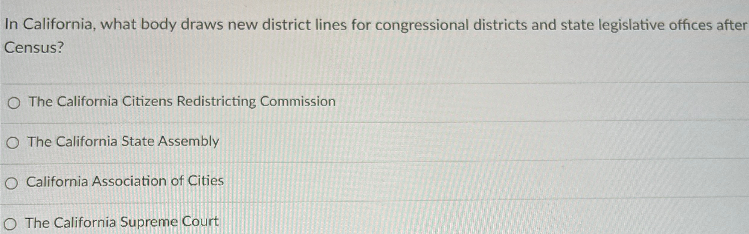 Solved In California, what body draws new district lines for | Chegg.com