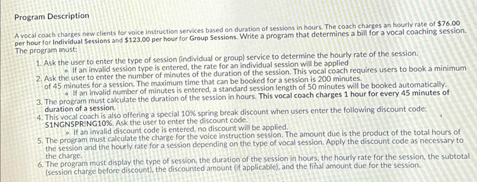 Solved Program Descriptiona Vocal Coach Charges New Clients 