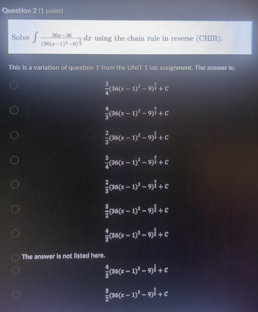 Solved Question 2 (1 ﻿point)Solve ∫﻿﻿36x-36(36(x-1)2-9)13dx | Chegg.com