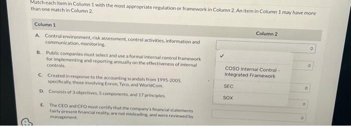 Match each item in Column 1 with the most appropriate | Chegg.com