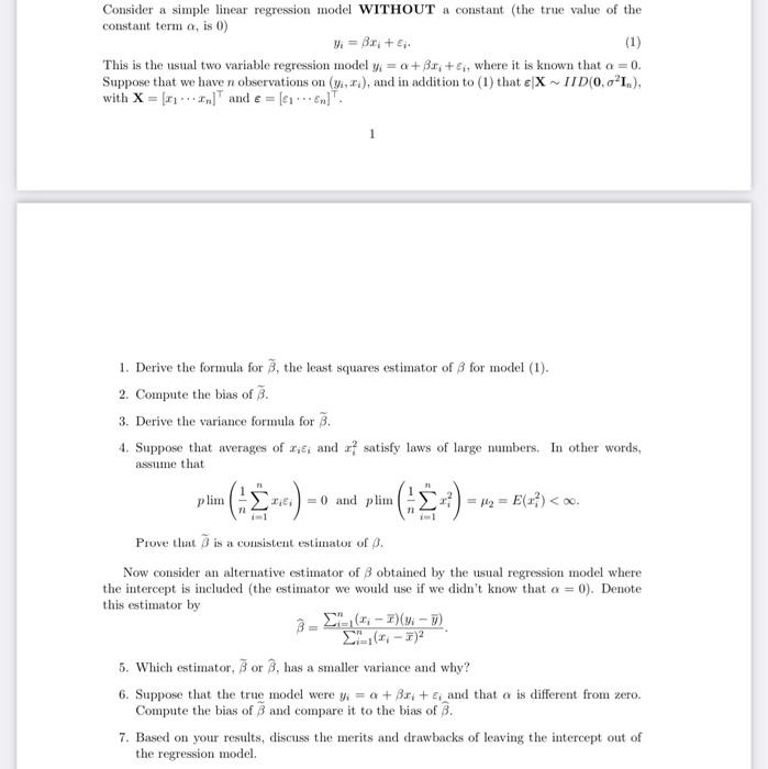 Solved Consider a simple linear regression model WITHOUT a | Chegg.com