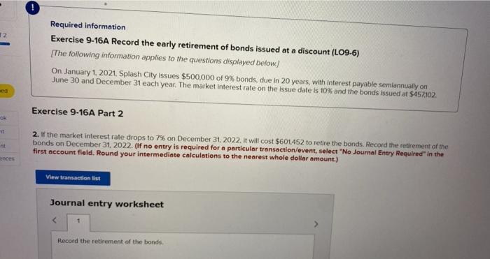 Solved 12 Required information Exercise 9-16A Record the | Chegg.com