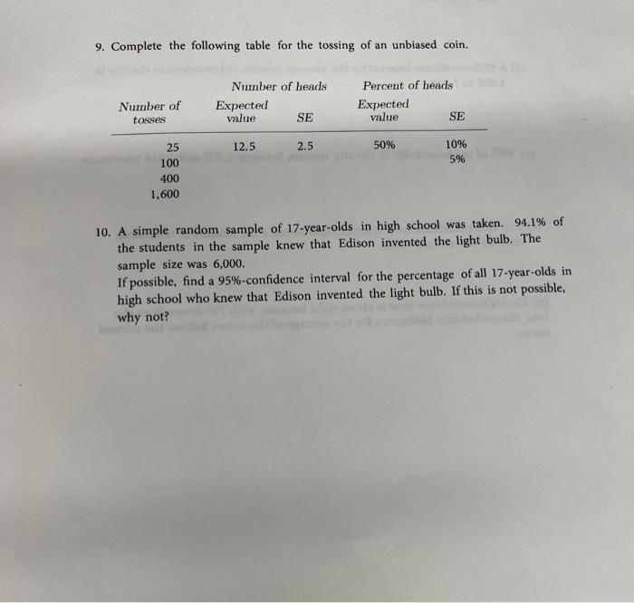 Solved 9. Complete the following table for the tossing of an | Chegg.com