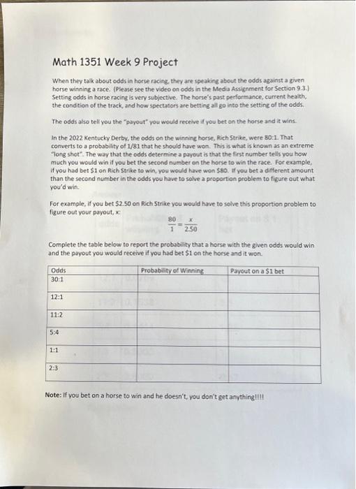 Solved Math 1351 Week 9 Project When they talk about odds in | Chegg.com
