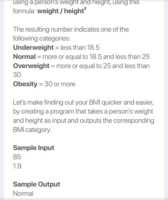 Solved using a person's weight and height, using this | Chegg.com