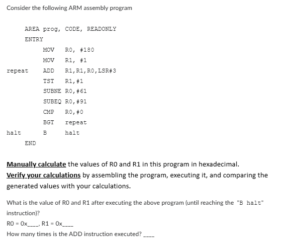 Consider the following ARM assembly program ``` ﻿AREA | Chegg.com