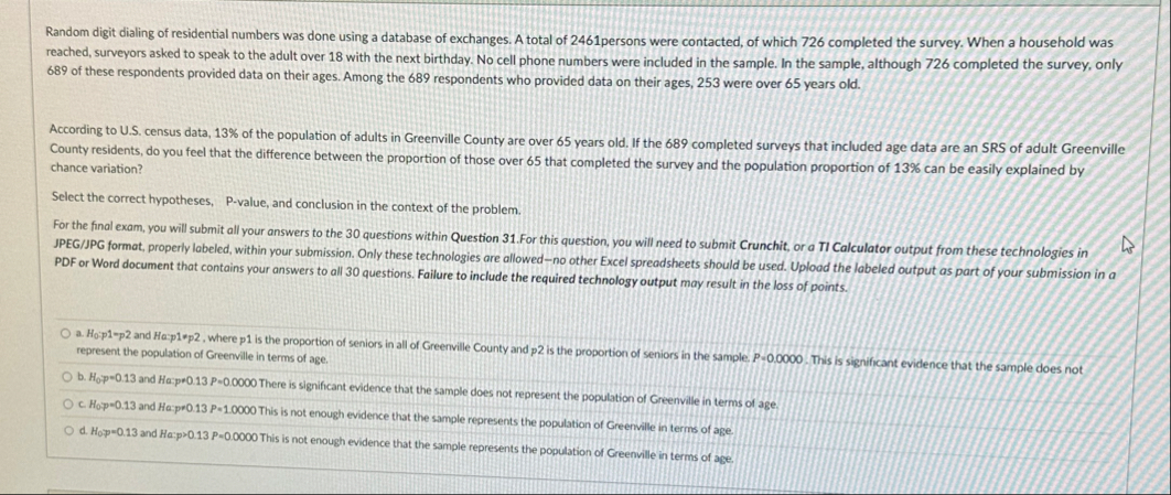 Solved Random digit dialing of residential numbers was done | Chegg.com