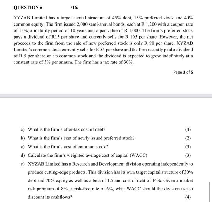 Solved XYZAB Limited has a target capital structure of 45% | Chegg.com