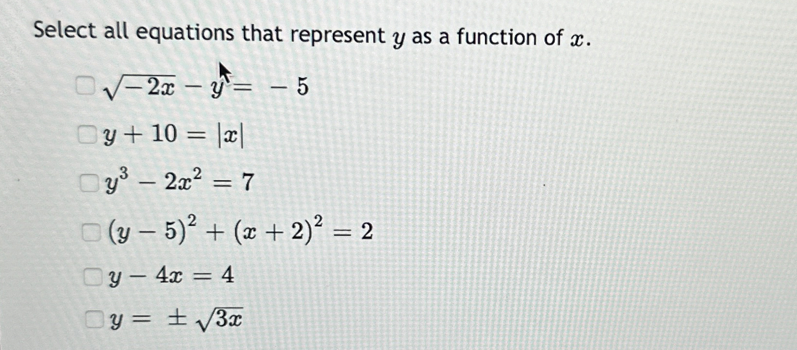 Solved Select all equations that represent y ﻿as a function | Chegg.com
