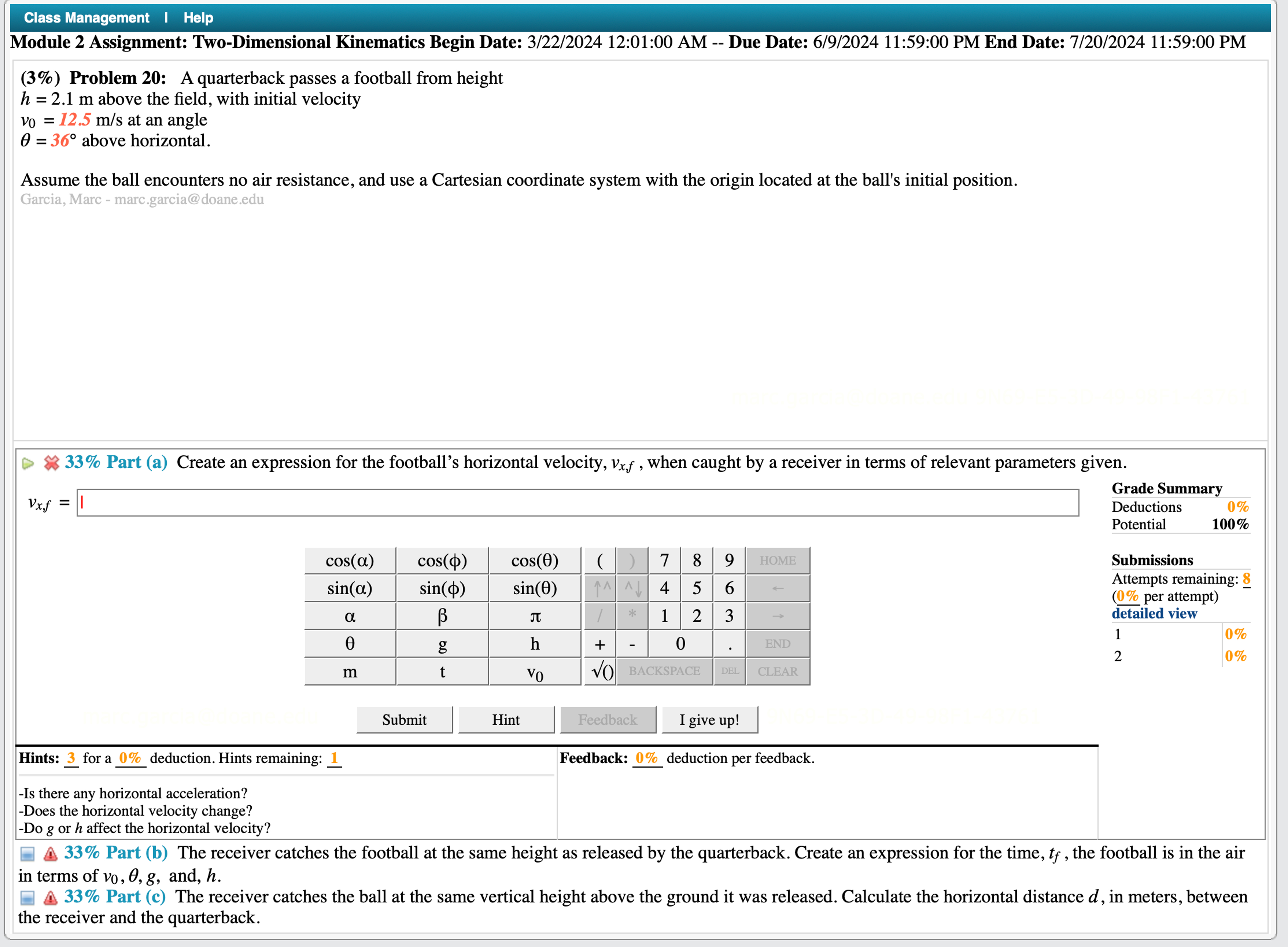 Solved Module 2 ﻿Assignment: Two-Dimensional Kinematics | Chegg.com