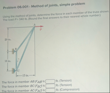 Solved Problem 06.001 - ﻿Method of joints, simple | Chegg.com