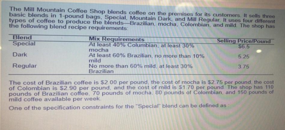 Solved The Mill Mountain Coffee Shop blends coffee on the | Chegg.com