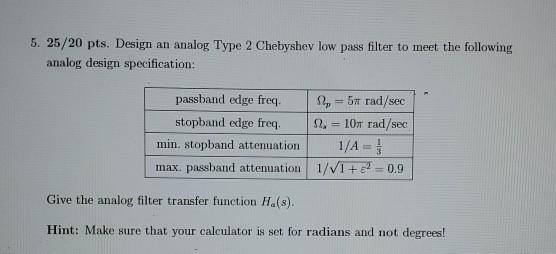 Solved 5. 25/20 pts. Design an analog Type 2 Chebyshev low | Chegg.com