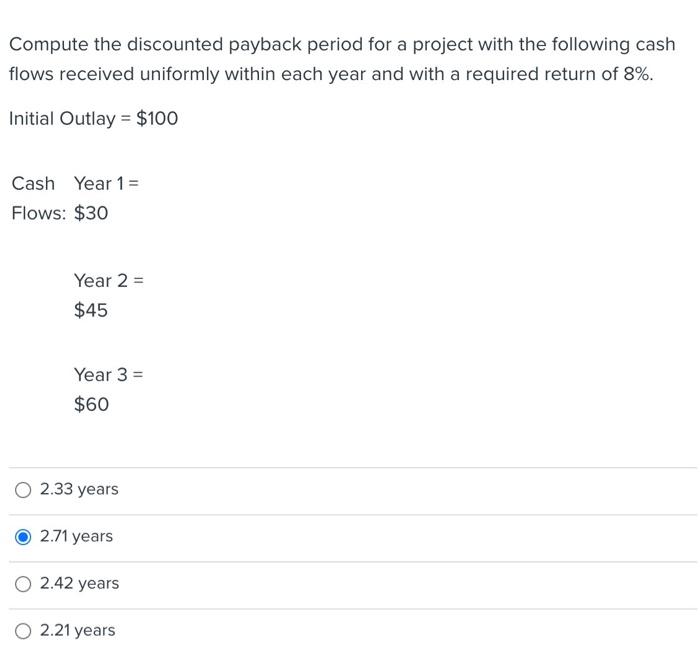 Solved Compute the discounted payback period for a project | Chegg.com