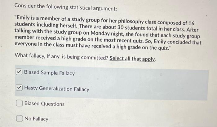 Solved Consider the following statistical argument: "Emily | Chegg.com
