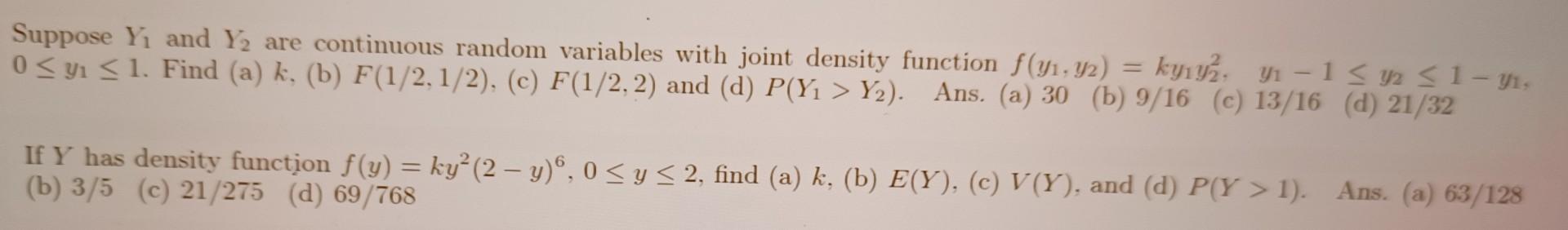 Solved Suppose Y1 And Y2 Are Continuous Random Variables 