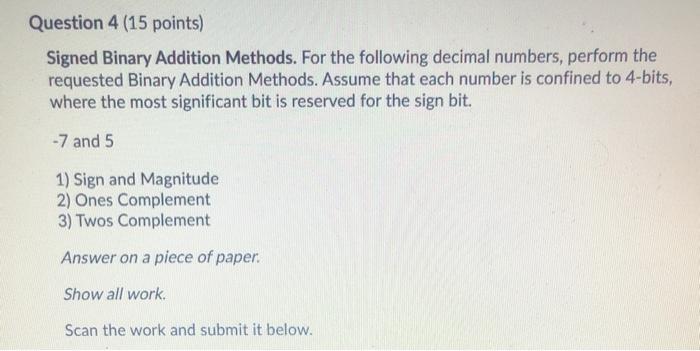 Solved Question 4 (15 points) Signed Binary Addition | Chegg.com