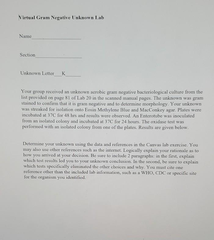 Virtual Gram Negative Unknown Lab Name Section | Chegg.com Virtual Gram Negative Unknown Lab Name Section | Chegg.com