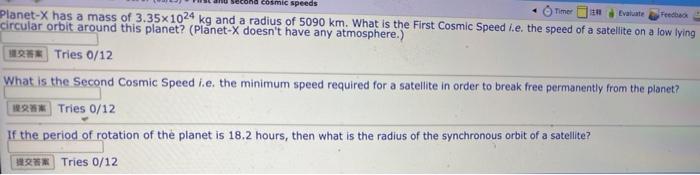 Solved Second cosmic speeds Timer Evaluate Feedback Planet-X | Chegg.com