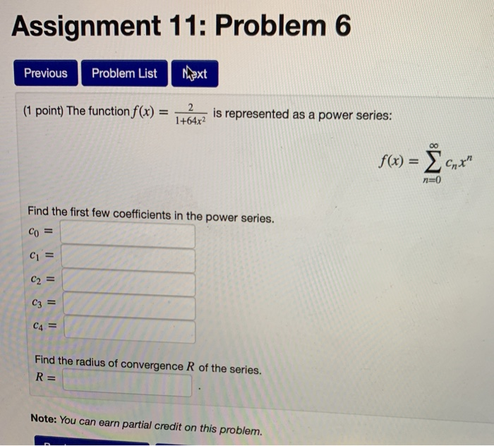 Solved Assignment 11: Problem 1 Previous Problem List Next | Chegg.com Solved Assignment 11: Problem 1 Previous Problem List Next | Chegg.com