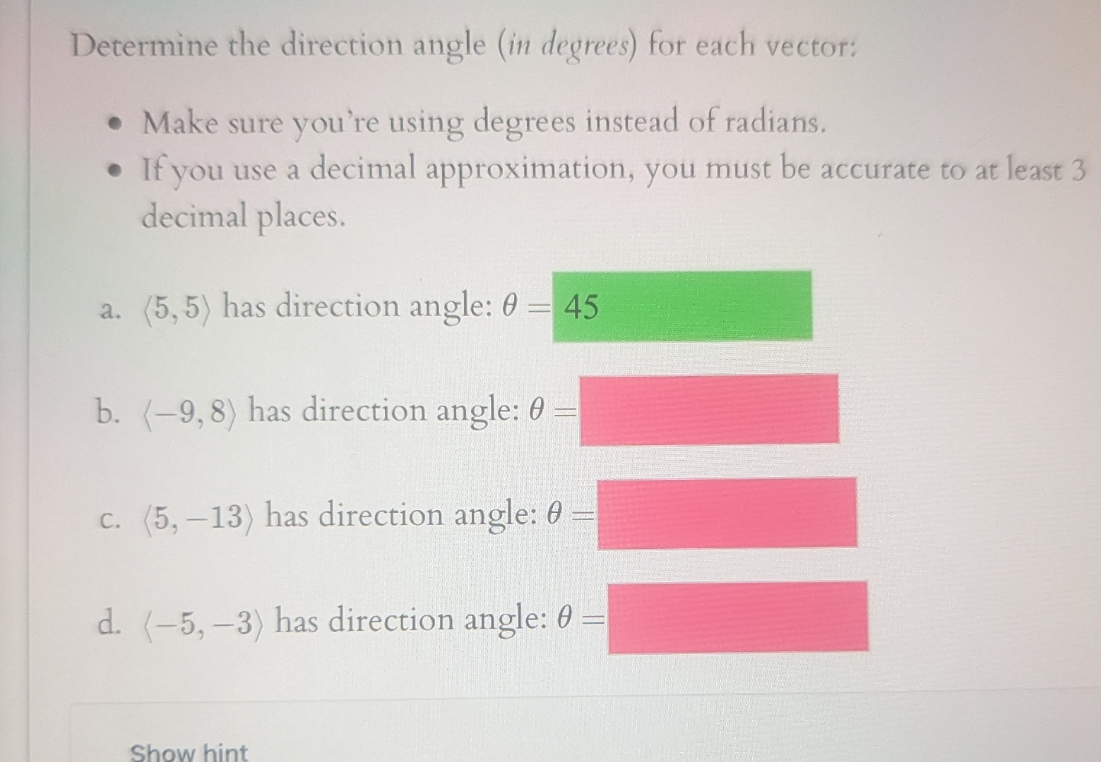 Solved Determine the direction angle (in degrees) ﻿for each | Chegg.com