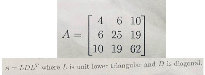 Solved A=⎣⎡461062519101962⎦⎤ A=LDLT where L is unit lower | Chegg.com
