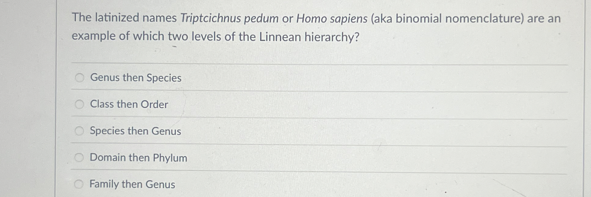 Solved The latinized names Triptcichnus pedum or Homo | Chegg.com