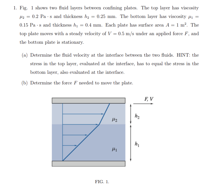 Solved = 1. Fig. 1 shows two fluid layers between confining | Chegg.com