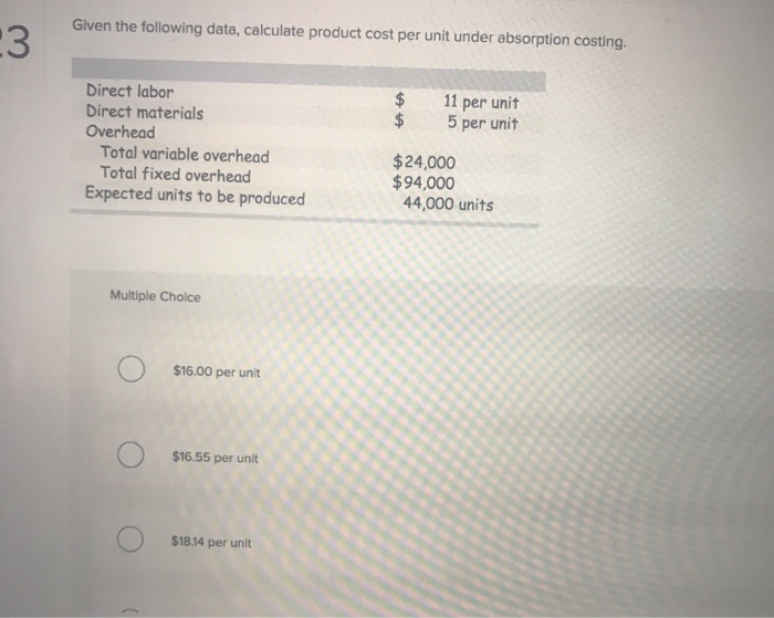 Solved Given the following data, calculate product cost per | Chegg.com