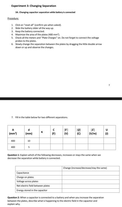 Solved Experiment 3: Changing Separation 3A Changing | Chegg.com