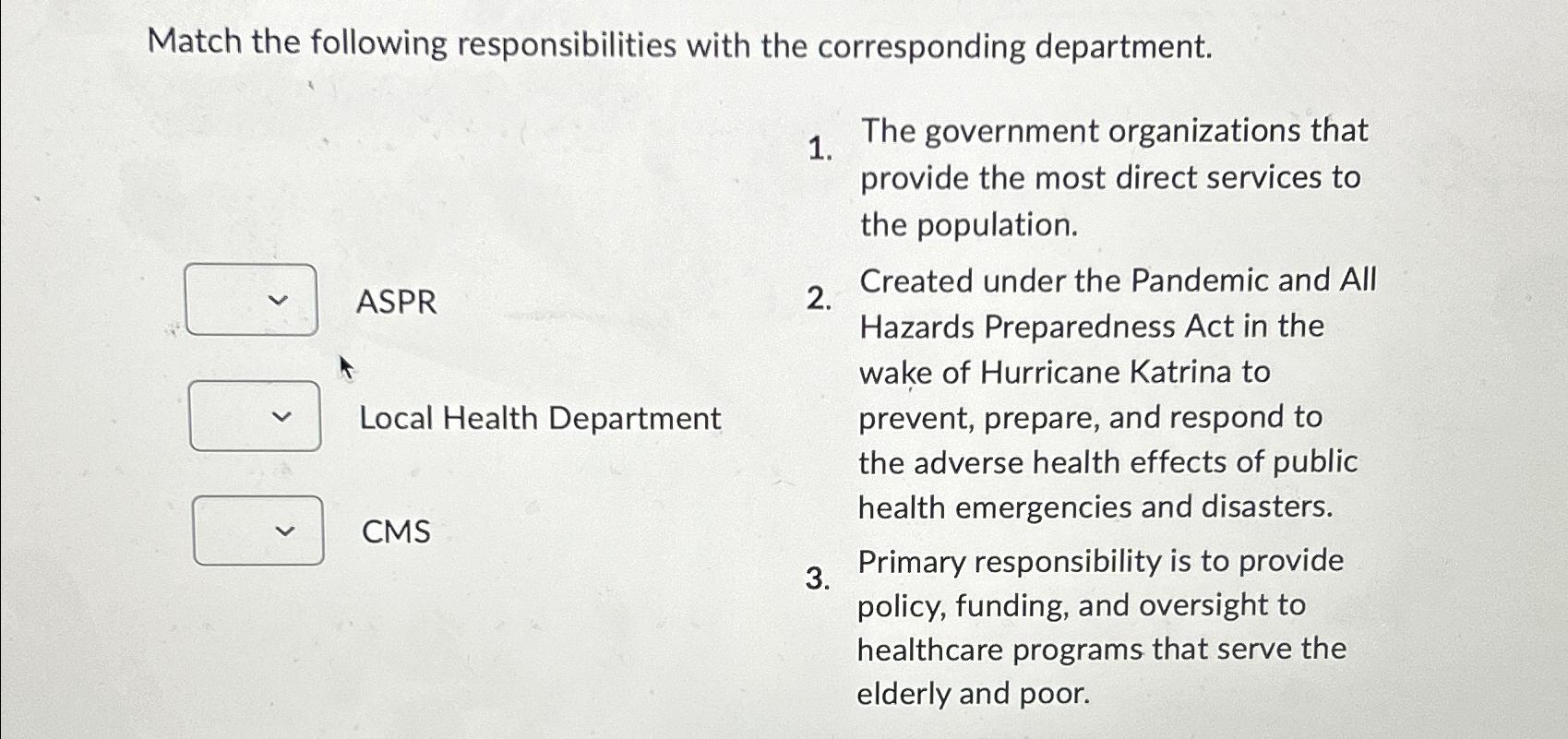 Solved Match the following responsibilities with the | Chegg.com