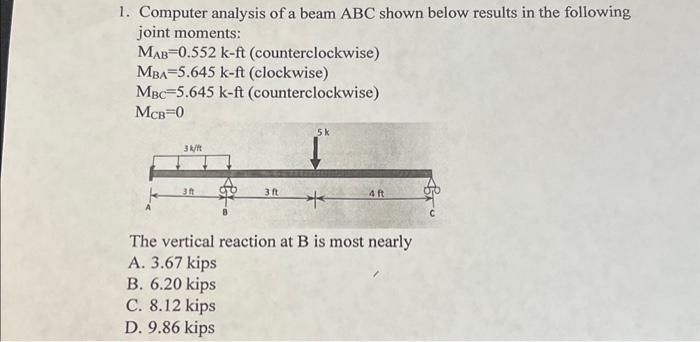 Solved 1. Computer analysis of a beam ABC shown below | Chegg.com