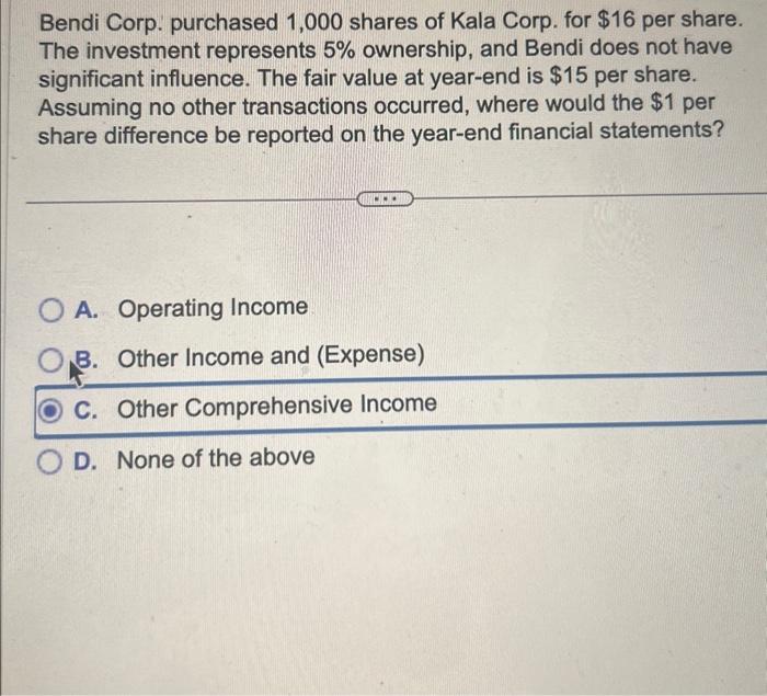 Solved Bendi Corp. purchased 1,000 shares of Kala Corp. for | Chegg.com